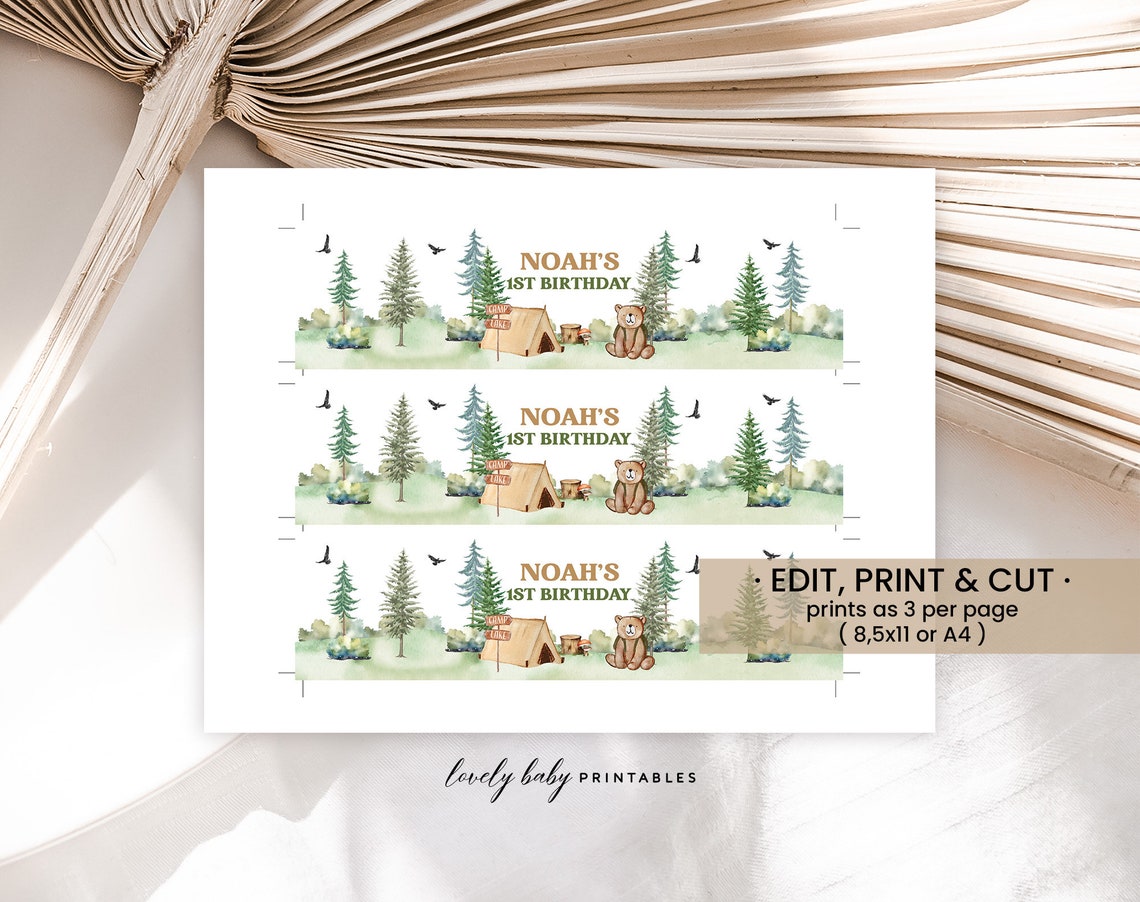 Editable Water Bottle Labels | One Happy Camper, Camping Tent, Woodland ...