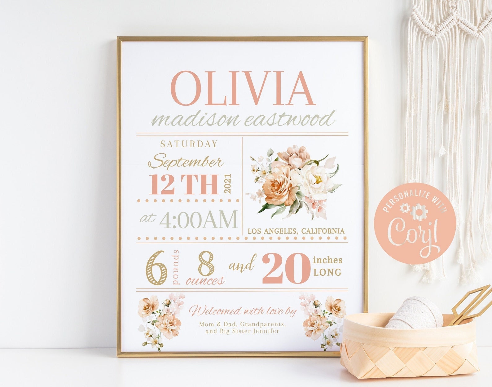 Printable Birth Stats Poster Boho Floral Blush Birth | Etsy