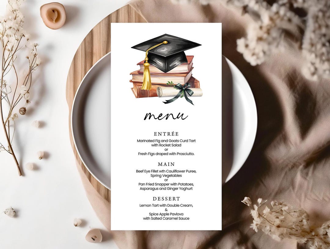 Graduation Party Menu Card Template | Cap & Tassel, Diploma | Printable ...