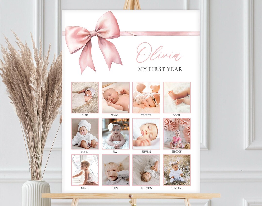 Pink Bow First Year Photo Sign, 12 Month Birthday Milestone Poster PB3 ...