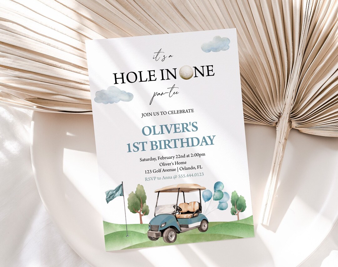 Hole in One Birthday Invitation, First Birthday Invite | Golf Cart ...