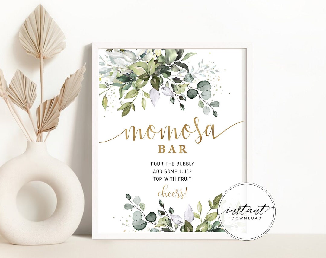 Momosa Bar Sign, Baby Shower Mimosa Bar | Greenery Gold, Botanical ...