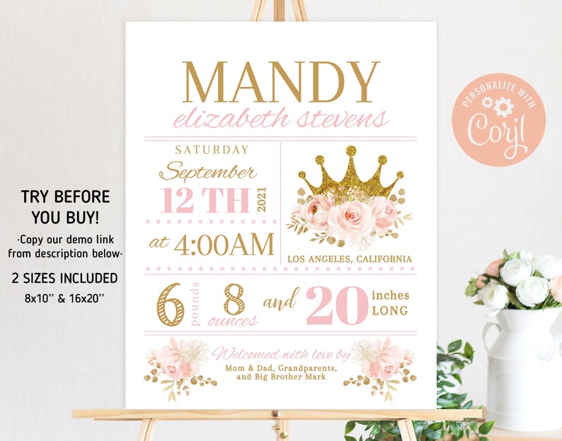 Printable Birth Announcement Poster Editable Birth Stats Sign | Etsy
