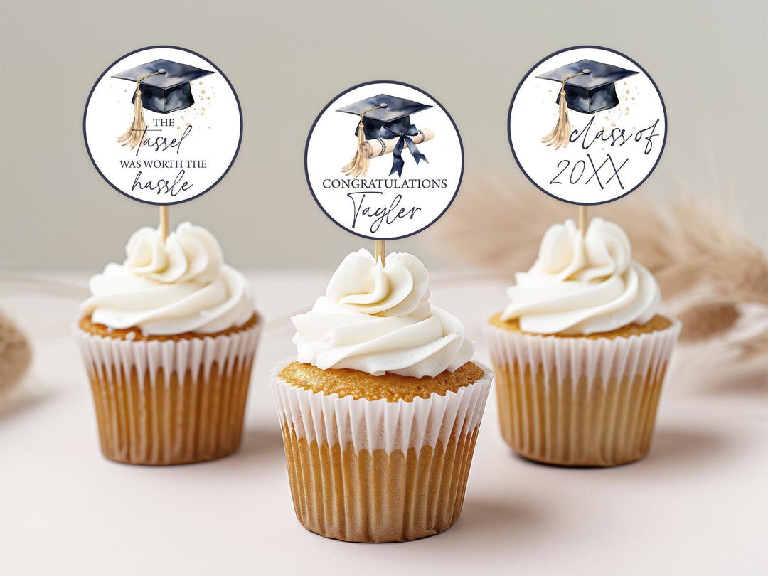 Printable Cupcake Toppers, Custom Cake Decor | Cap & Tassel Navy Blue ...