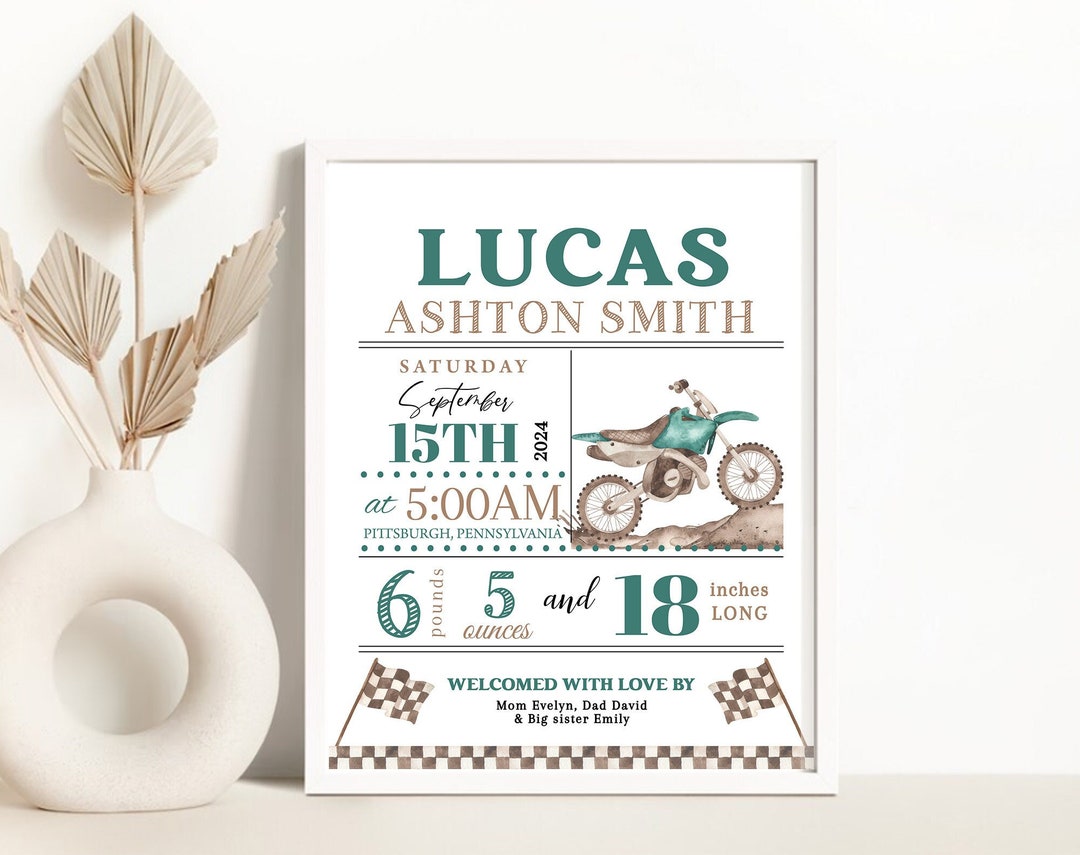 Birth Stats Sign, Birth Announcement Poster Dirt Bike, Motorcycle ...