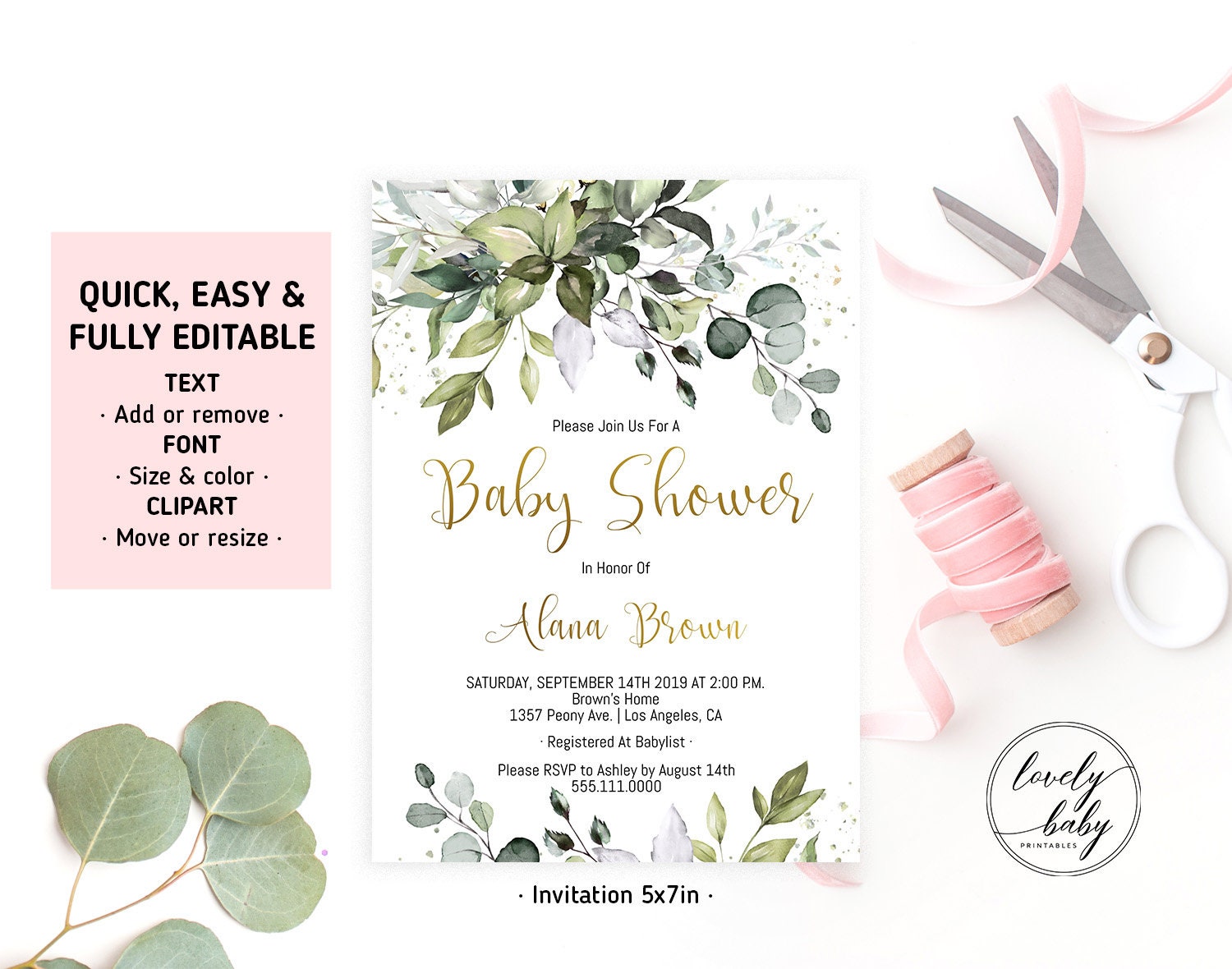 Editable Greenery Floral Baby Shower Invitation Template - Etsy