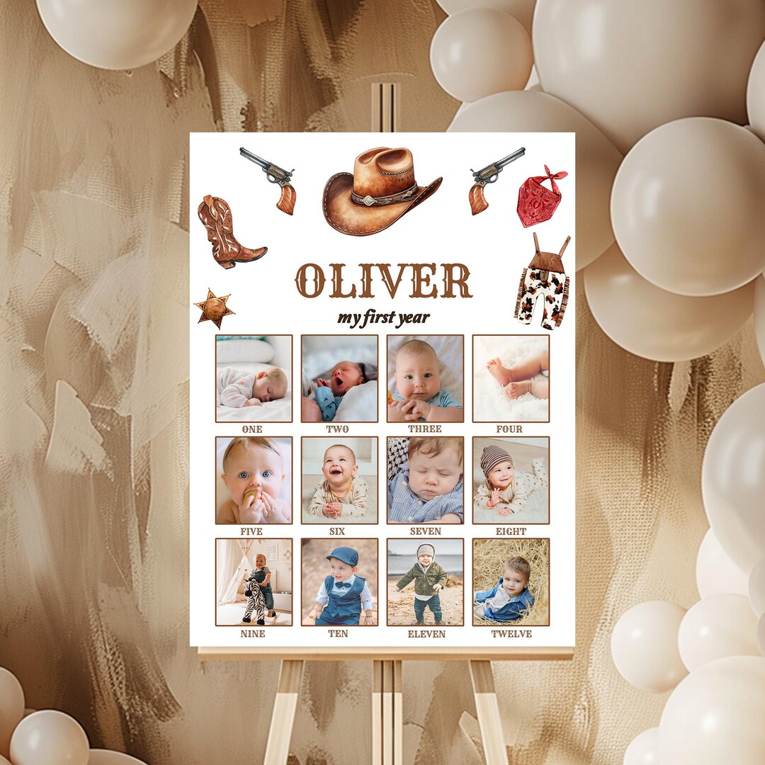 Photo Milestone Sign, 12 Months Poster, Year in Photos | Cowboy, First ...
