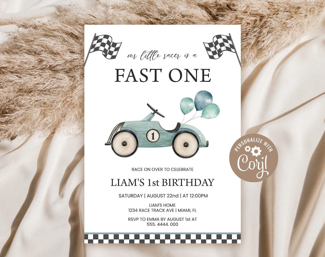 Race Car 1st Birthday Invitation Fast One Birthday Invite Boys First ...
