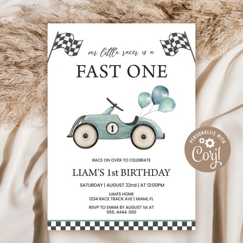 Race Car 1st Birthday Invitation Fast One Birthday Invite Boys - Etsy