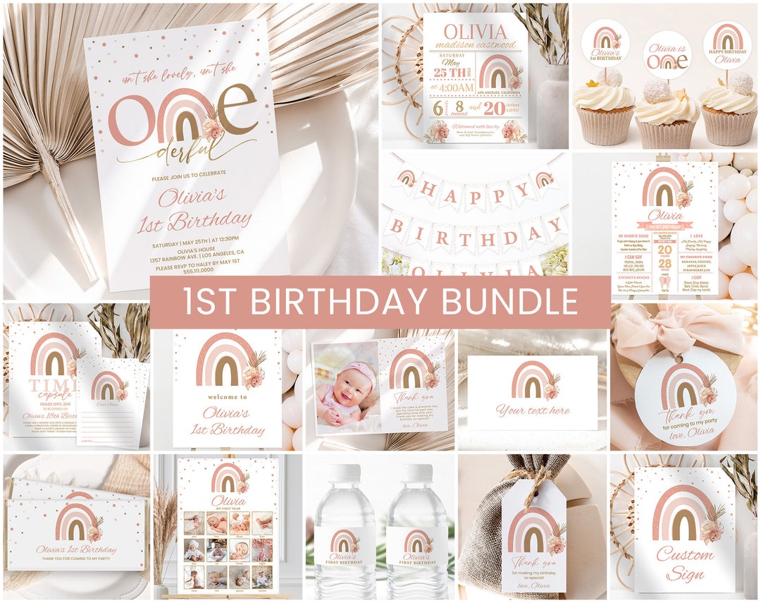 Rainbow Birthday Bundle, Girls 1st Birthday Invite Pack | Boho Rainbow ...