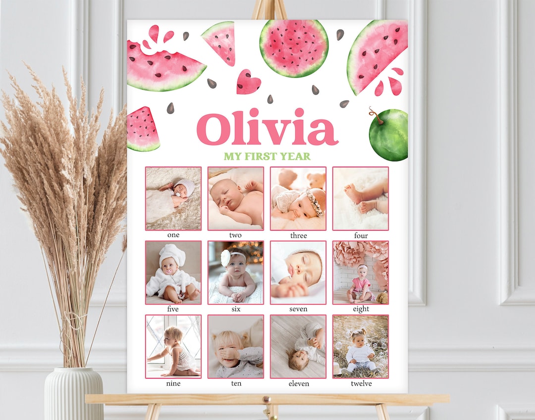 First Year Milestone Sign, 12 Months Photo Poster Collage | Watermelon ...