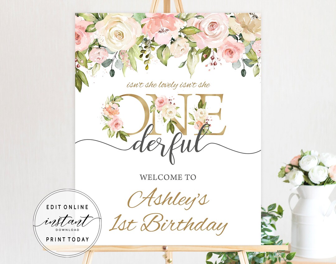 Birthday Welcome Sign, Poster Onederful, Blush Pink Floral, Spring ...