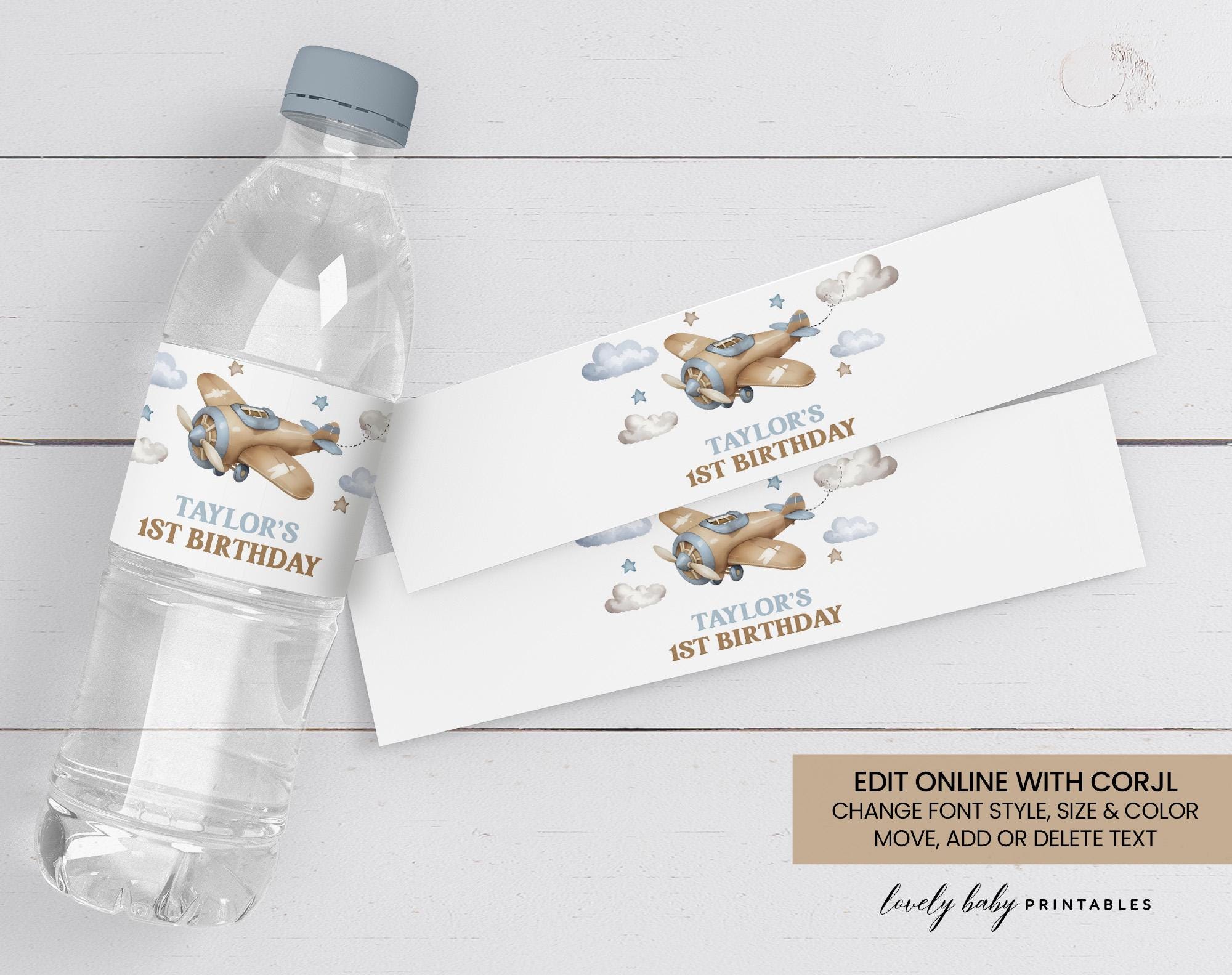 Birthday Water Bottle Labels | Airplane, Retro Fighter Plane, Time ...