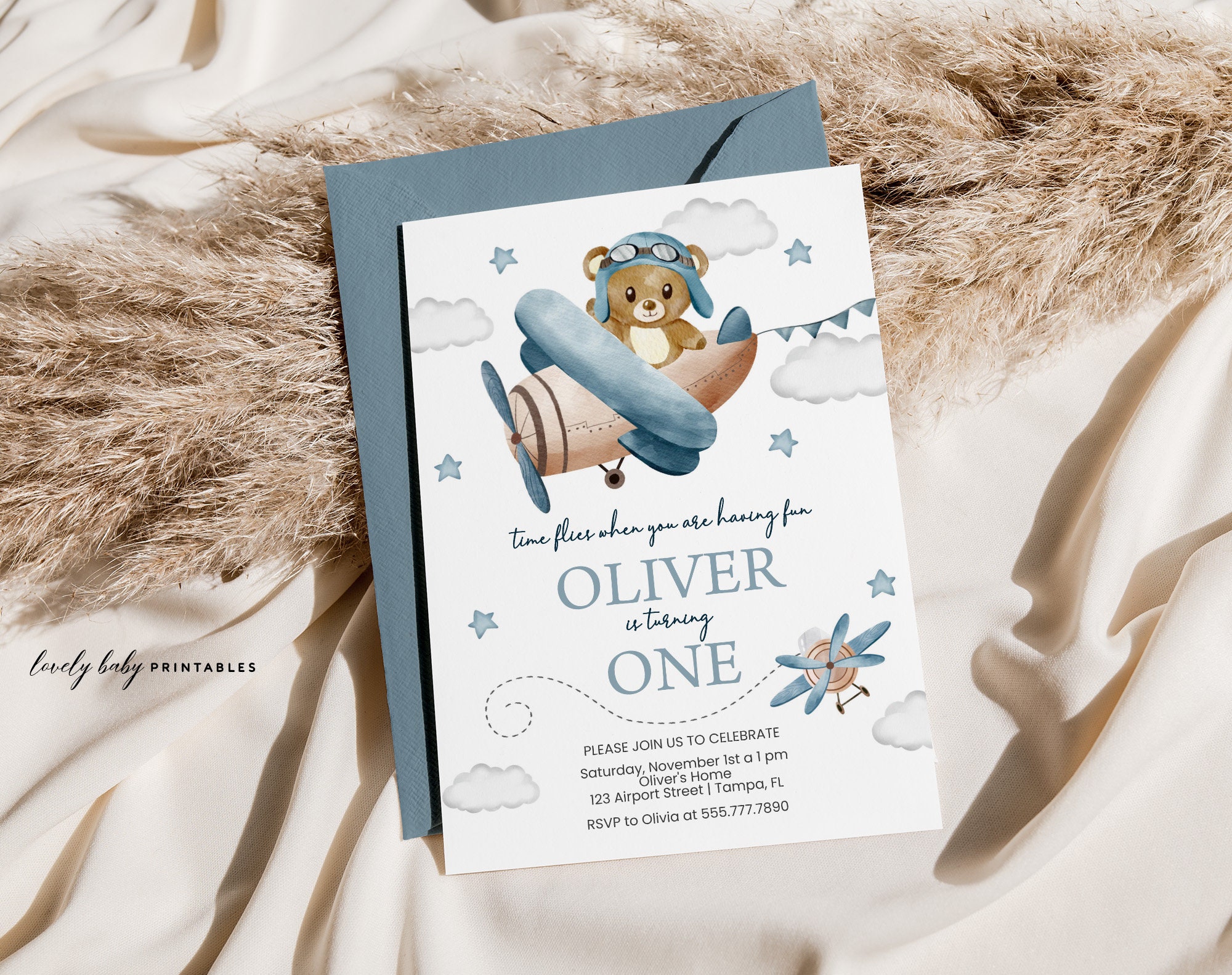 Airplane Boy 1st Birthday Invitation, Teddy Bear Jet Pilot First ...