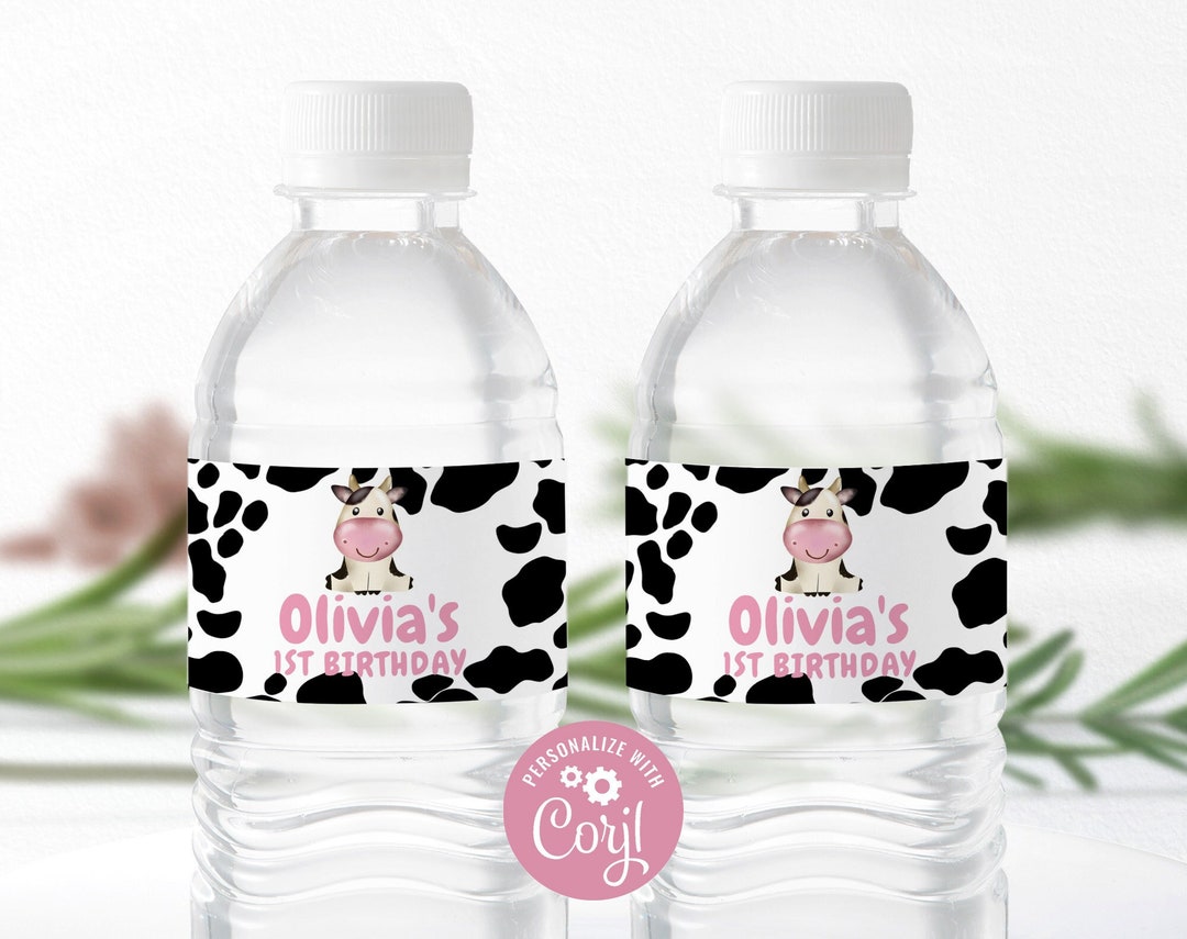 Editable Water Bottle Labels | Holy Cow I'm ONE, Cow Print | Printable ...