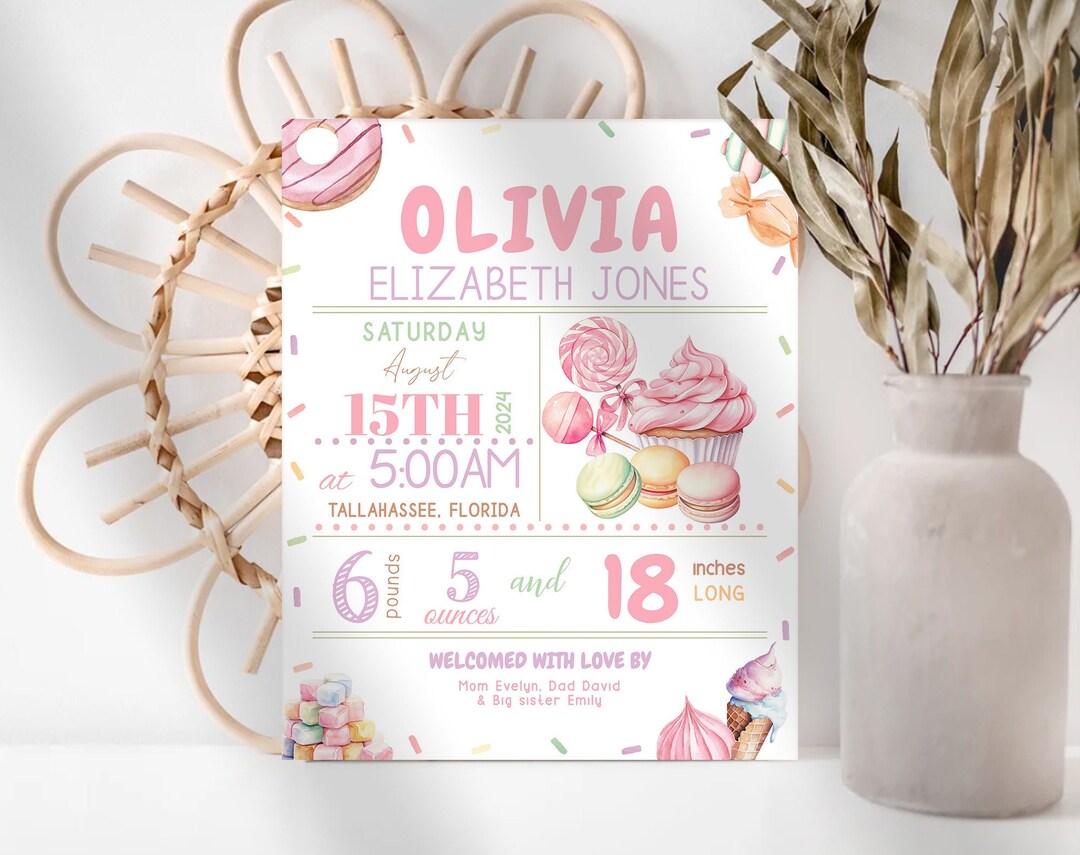 Birth Stats Sign, Birth Announcement Poster | Sweet ONE, Donut Candy ...