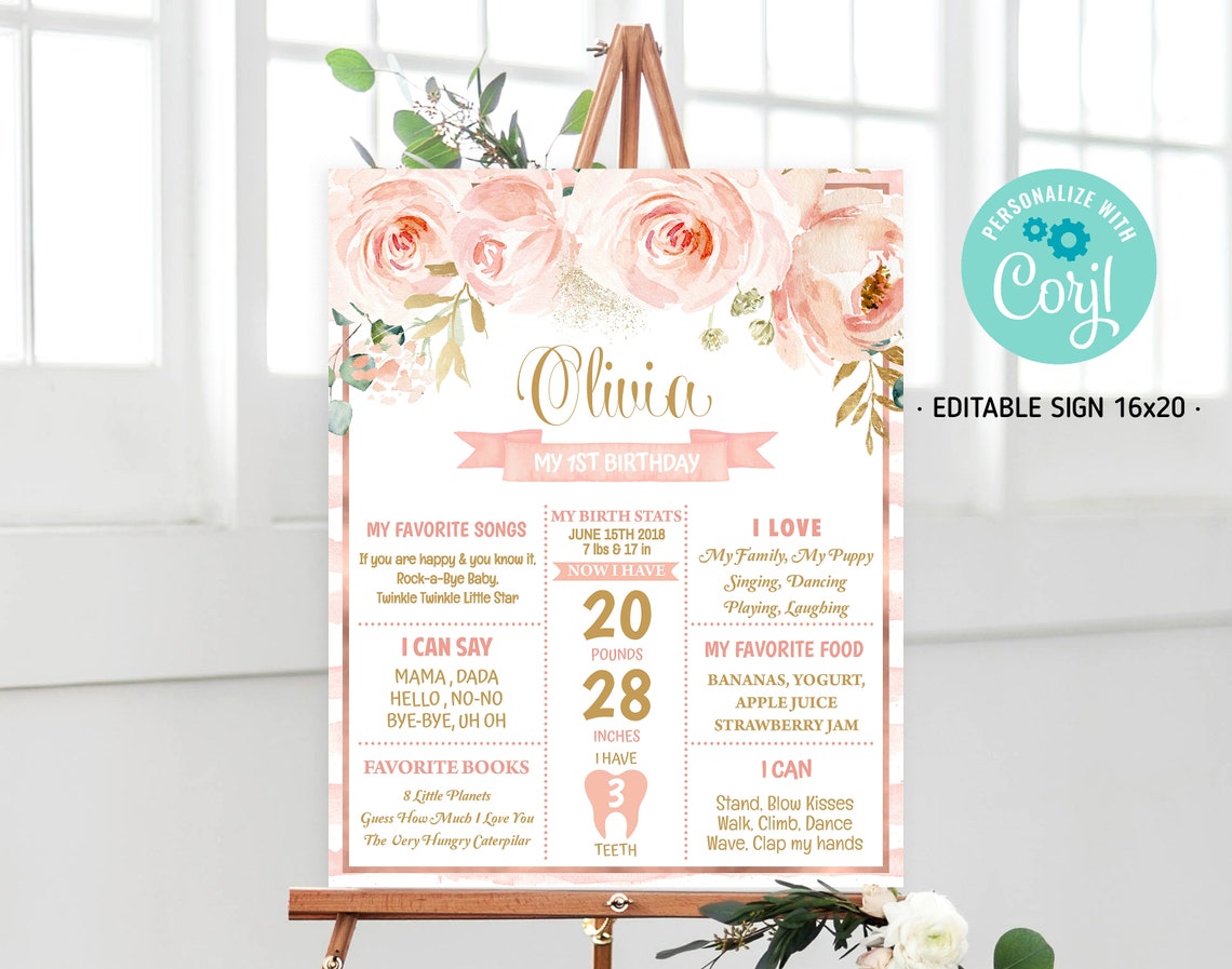 Blush Pink Birthday Milestone Board Template Editable Baby - Etsy