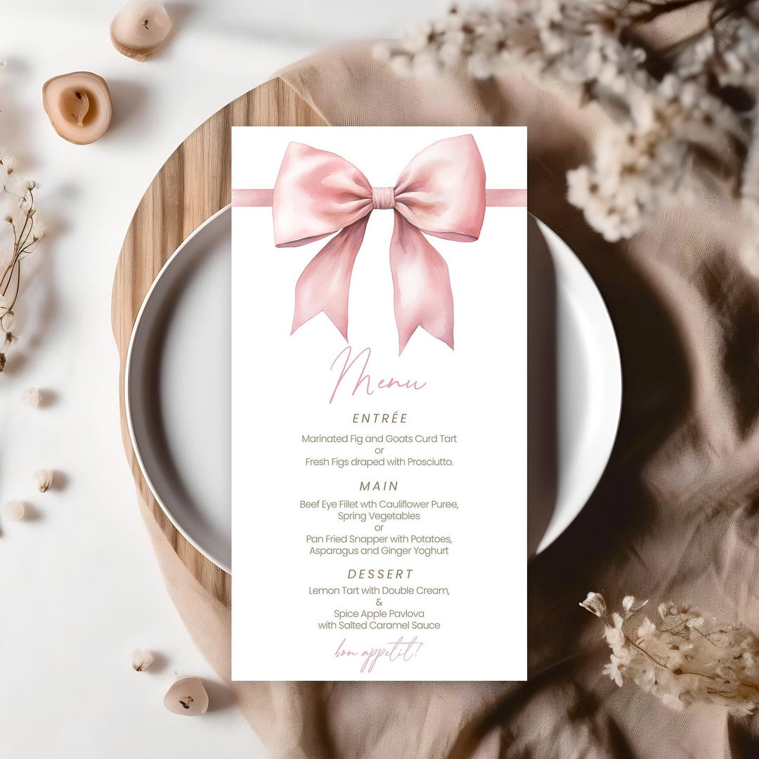 Bridal Shower Menu Card Template | She's Tying the Knot, Pink Coquette ...