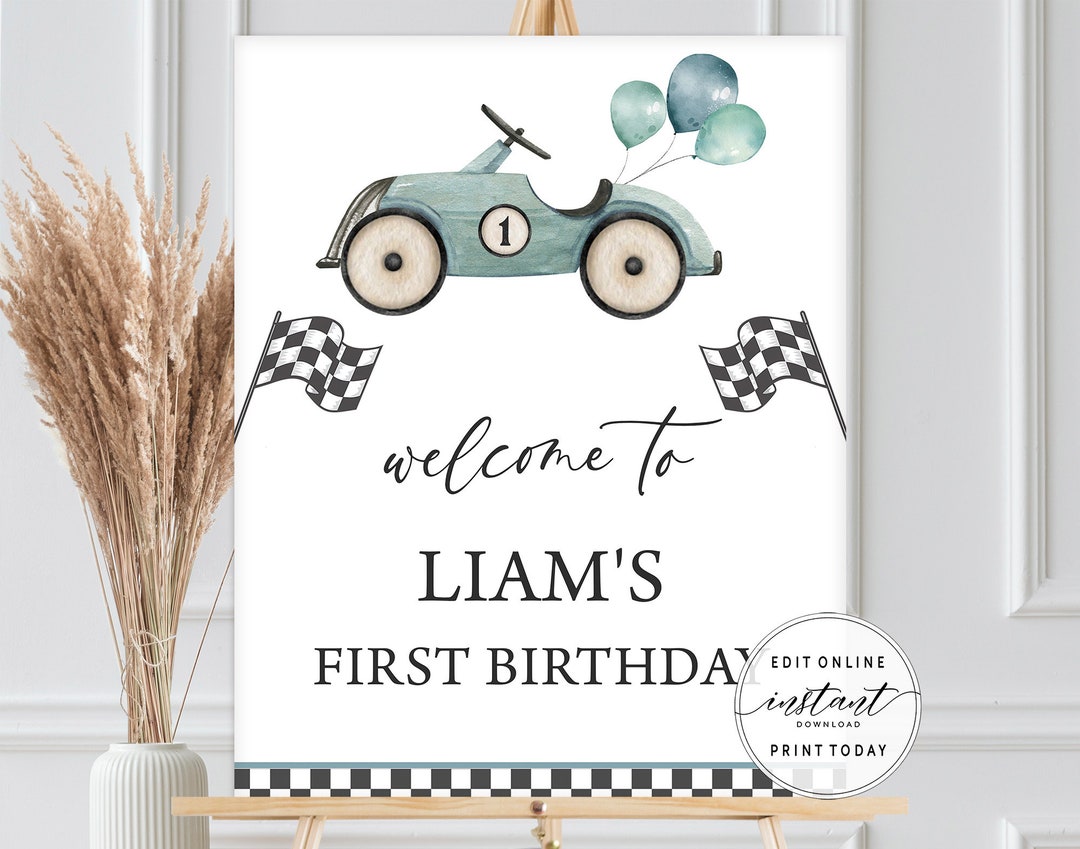 Race Car Birthday Welcome Sign Printable Welcome Poster Baby Boy 1st ...