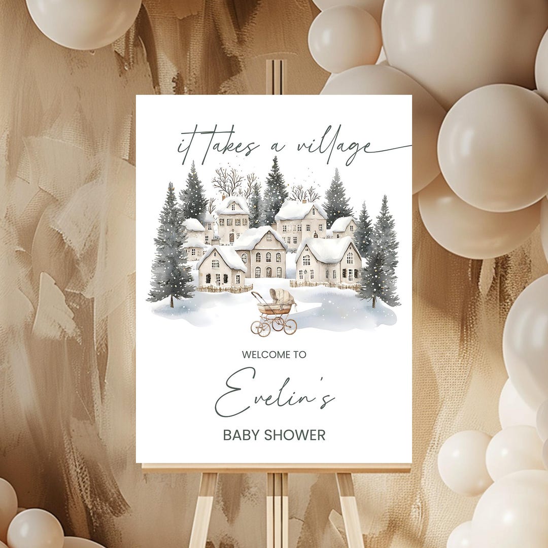 Baby Shower Welcome Sign, Poster | It Takes a Village, Stroller, Rustic ...