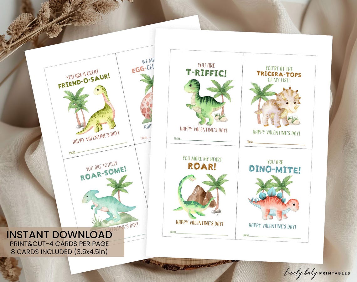 Printable Dinosaur Valentines Cards, Kids Valentine Day Gift Tags ...