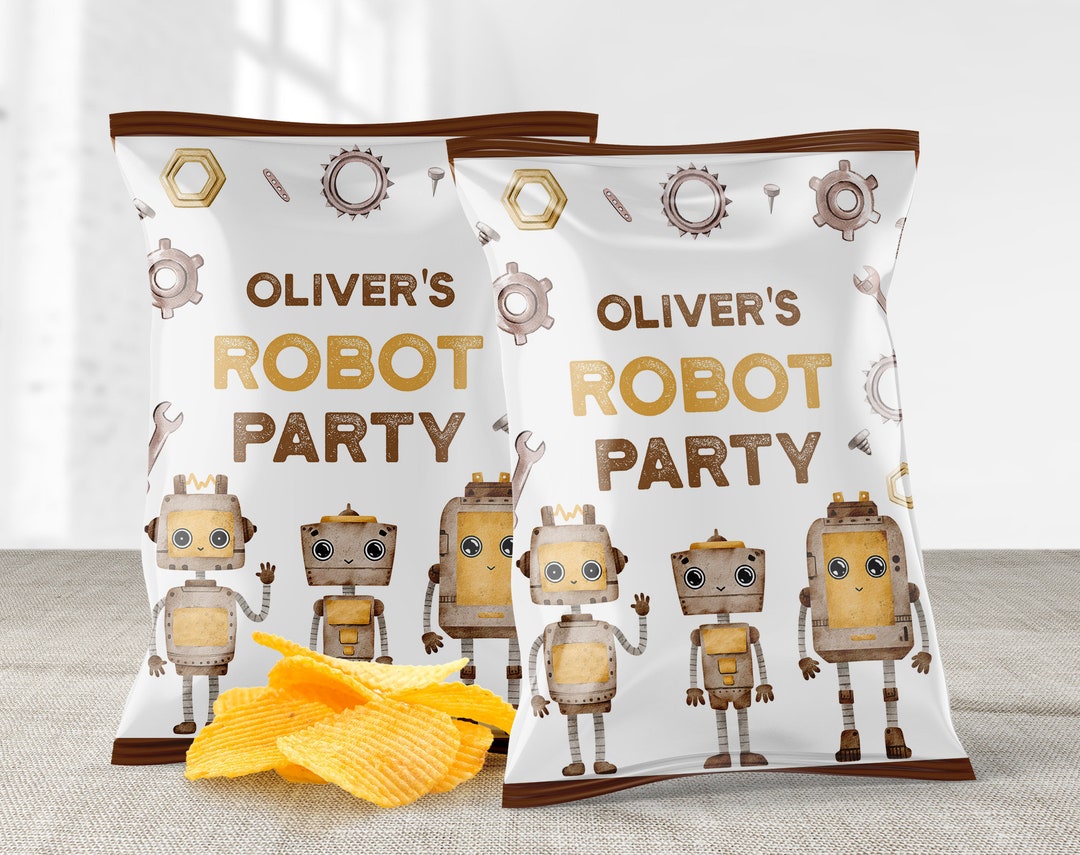 Chips Bag Template, Boys Birthday Favors | Robot, Gear up and Bolt on ...