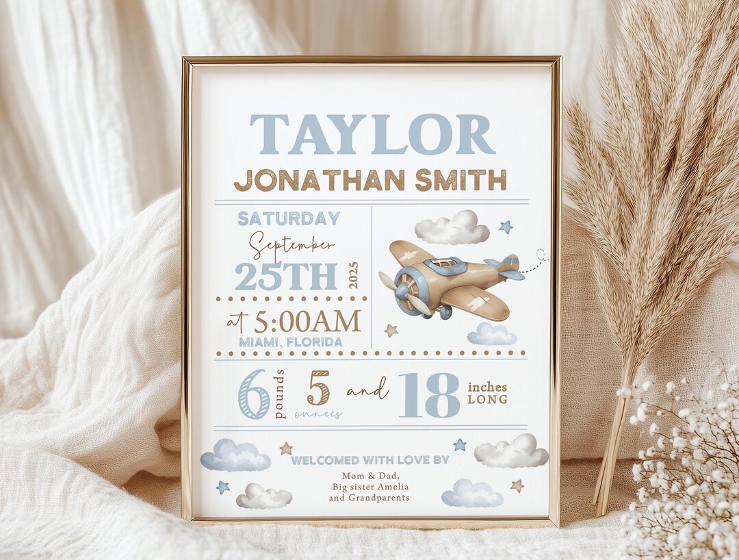 Birth Stats Sign, Boys Birth Announcement | Airplane, Retro Fighter ...