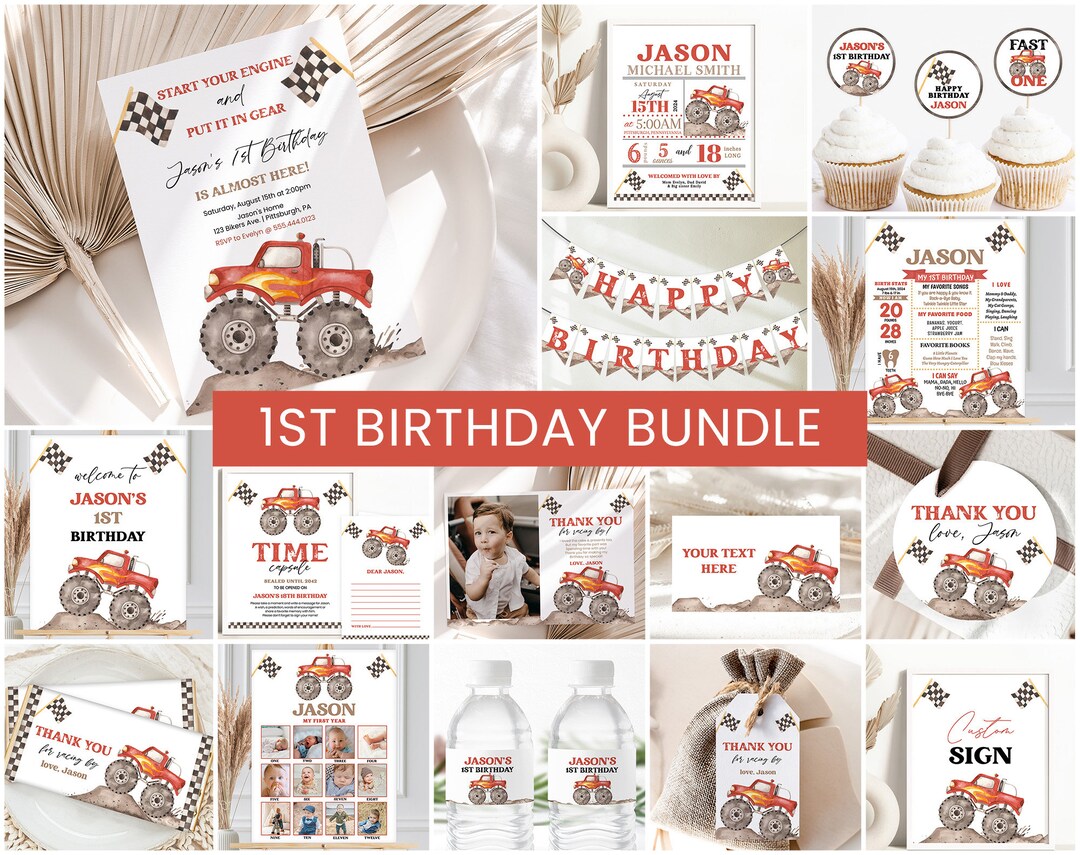 Monster Truck Birthday Bundle, Boys 1st Birthday Invite | Monster Truck ...