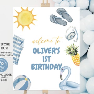 Birthday Welcome Sign, Poster | ONE in the Sun, Beach Theme, Pool Party ...