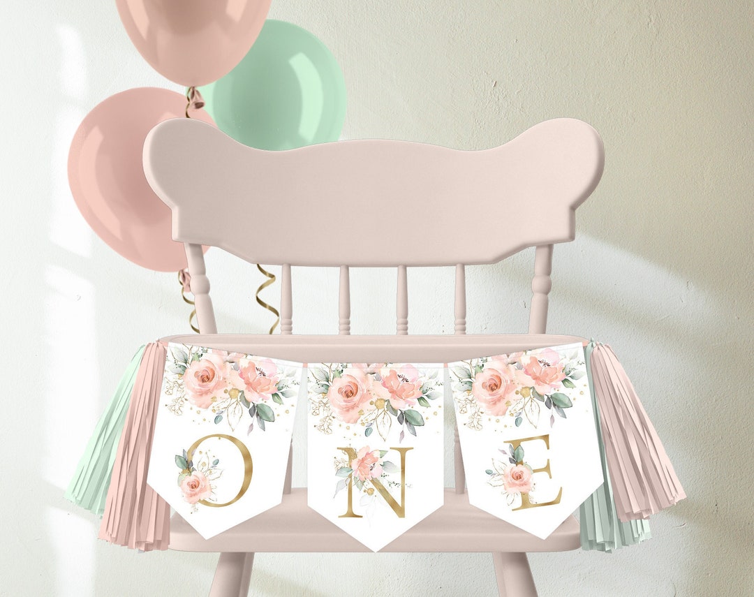 High Chair Banner, Girls 1st Birthday ONE Banner | Blush Pink Floral ...