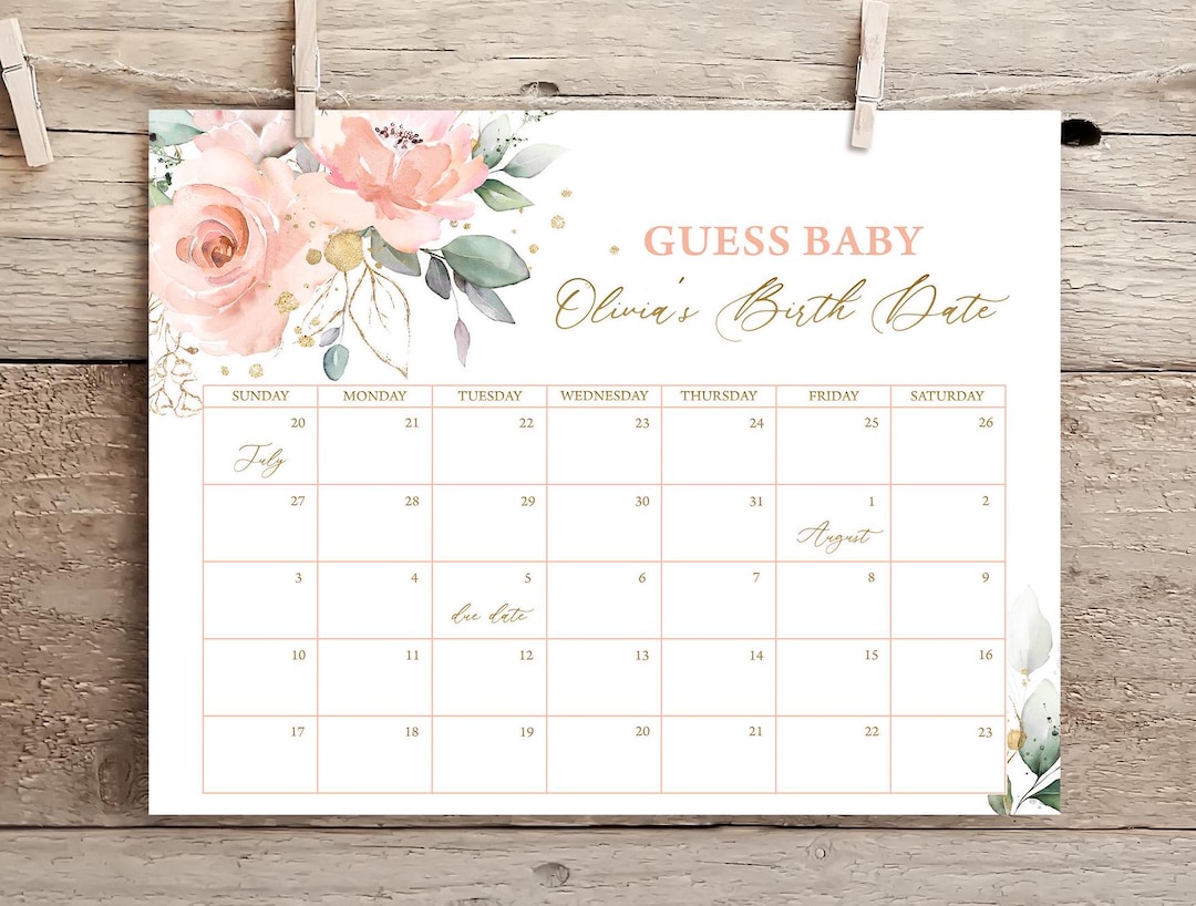Baby Due Date Calendar, Birth Date Sign | Baby in Bloom, Blush Pink ...