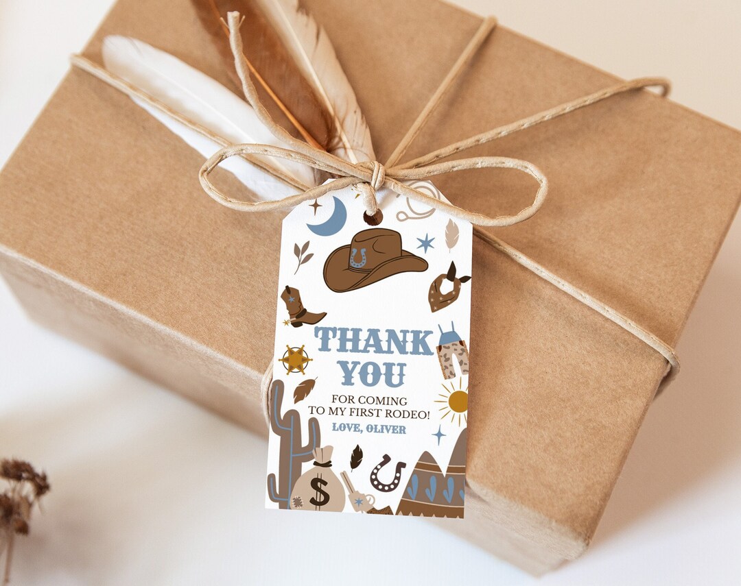 Printable Birthday Favors, Editable Gift Tags | First Rodeo, Cowboy Hat ...