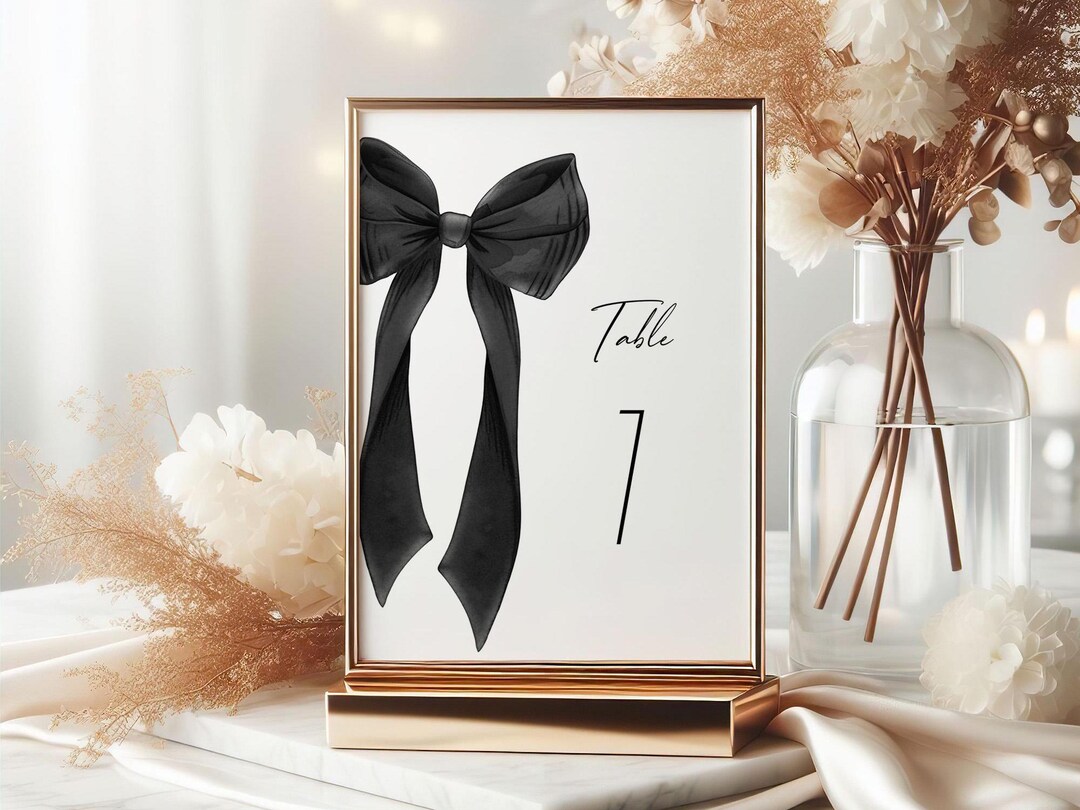 Bridal Shower Table Numbers | Black Bow, She's Tying the Knot, Elegant ...
