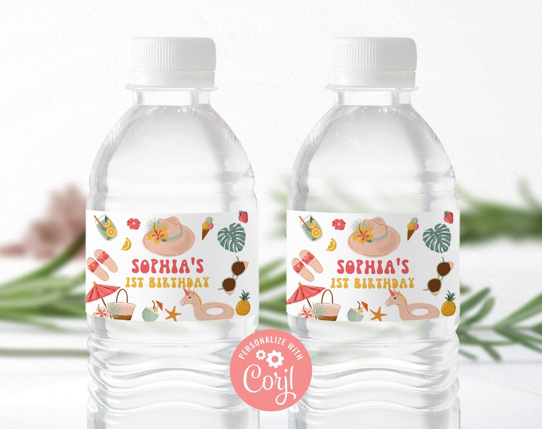 Editable Water Bottle Labels | ONE in the Sun, Pool Party, Tropical ...