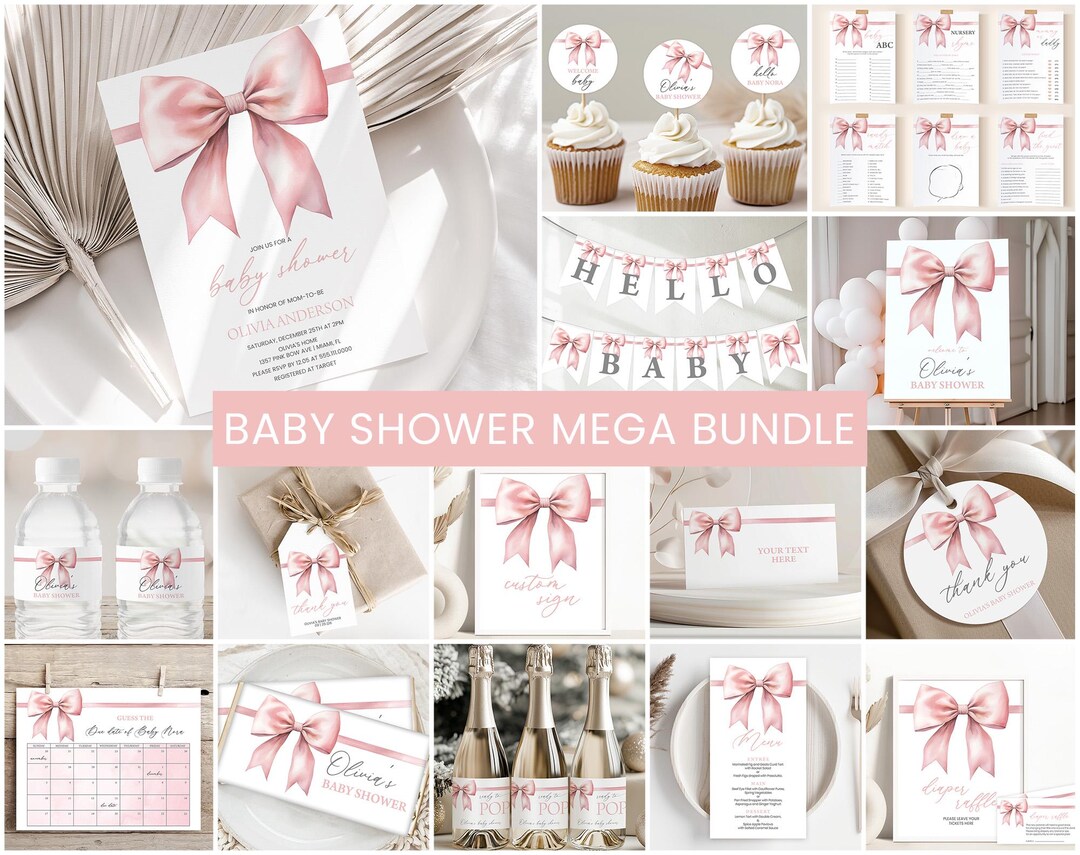 Pink Bow Baby Shower Bundle, Invite | Pink Coquette Bow, Soft Pink ...