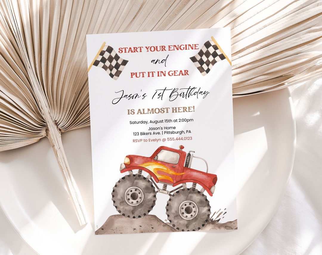 Monster Truck Birthday Invitation, First Birthday Invite | Monster ...