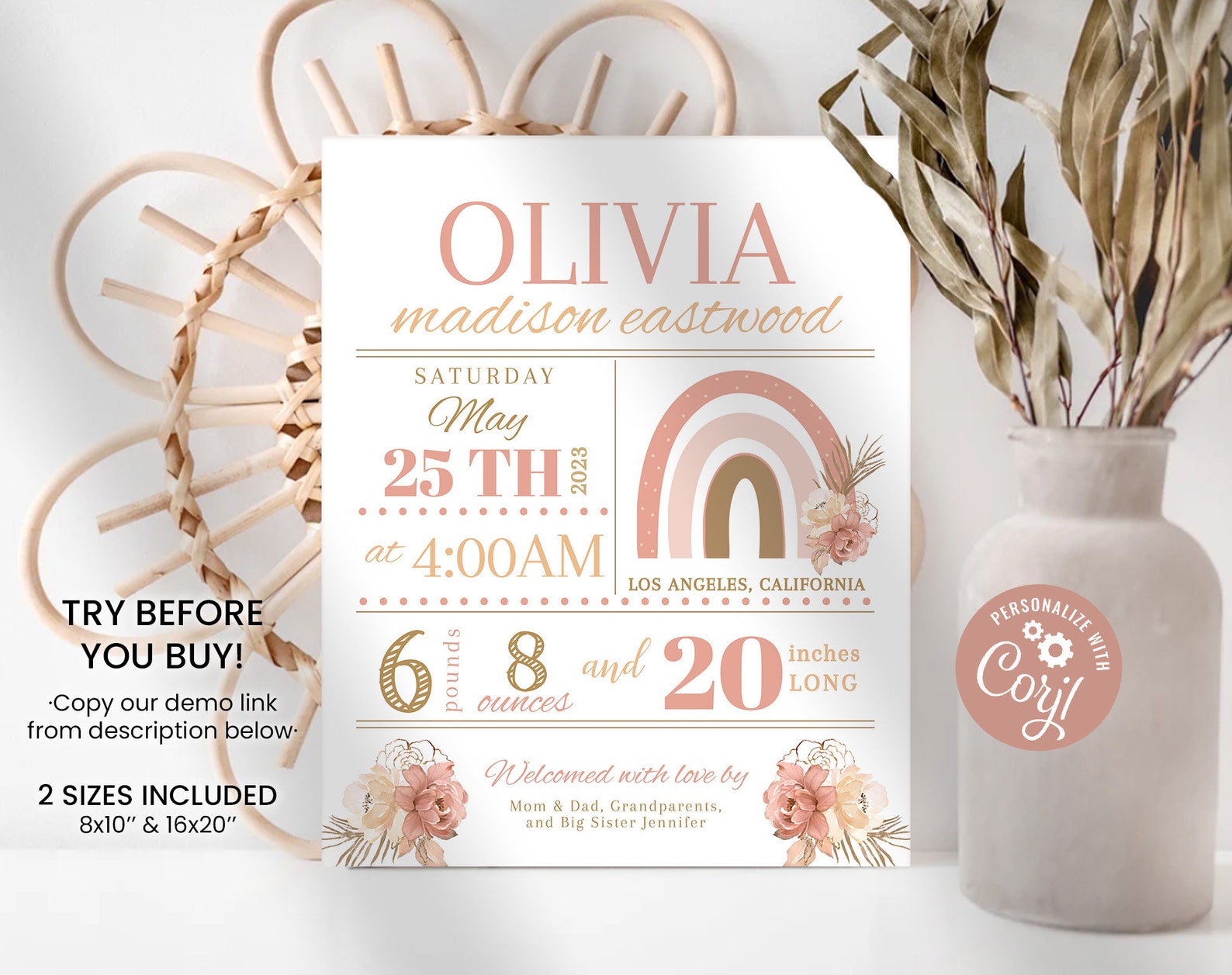 Editable Boho Rainbow Birth Stats Sign Girl Birth - Etsy