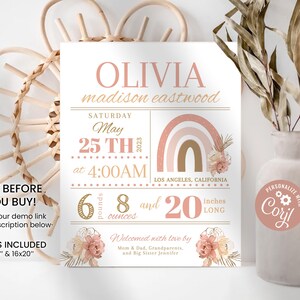 Editable Boho Rainbow Birth Stats Sign, Girl Birth Announcement Poster ...