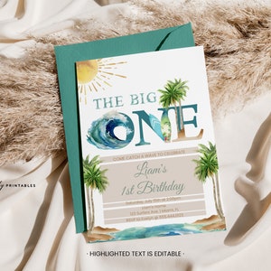 The Big ONE 1st Birthday Invitation Template | Surf Waves, Beach ...