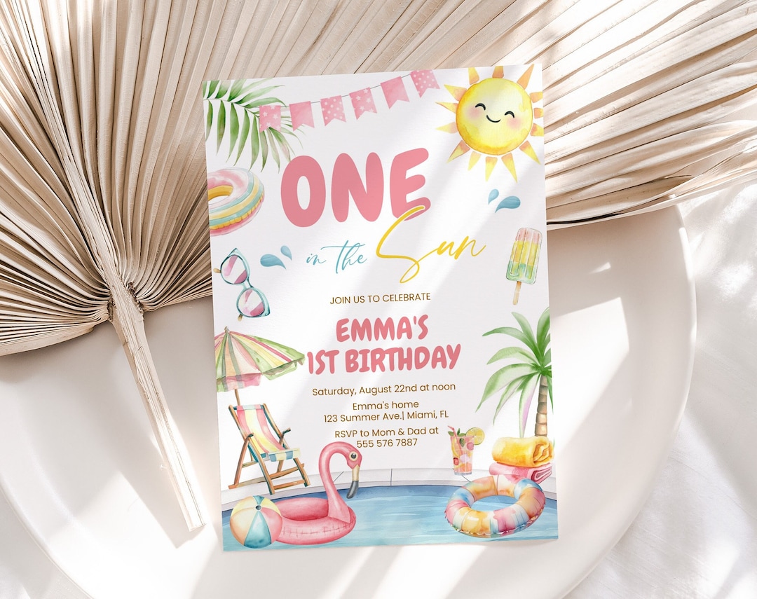 ONE in the Sun Birthday Invitation, First Birthday Invite | Pool Party ...