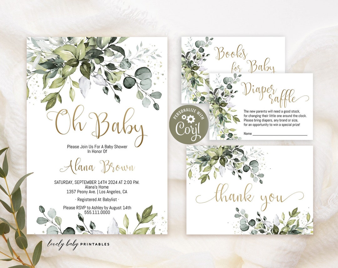 Editable Oh Baby Invitation Template Greenery Botanical Baby Shower ...