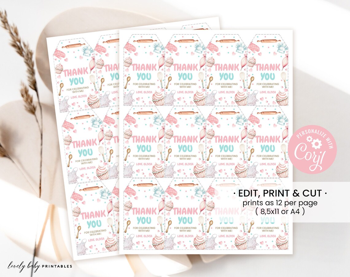 Printable Baking Party Favor Tags, Editable Birthday Thank You Gift Tag ...