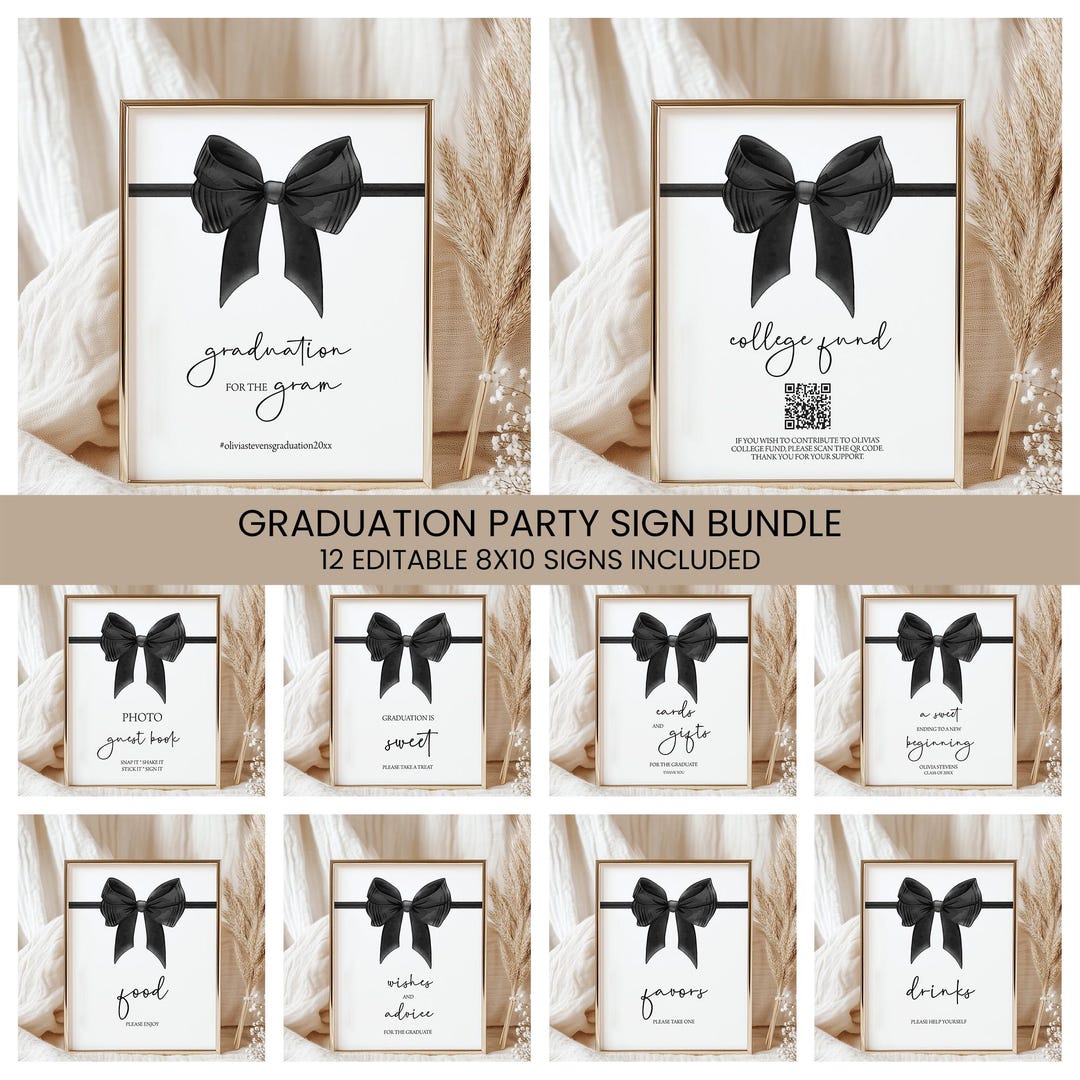 Graduation Sign Bundle | Black Coquette Bow, Ribbon | Printable Custom ...