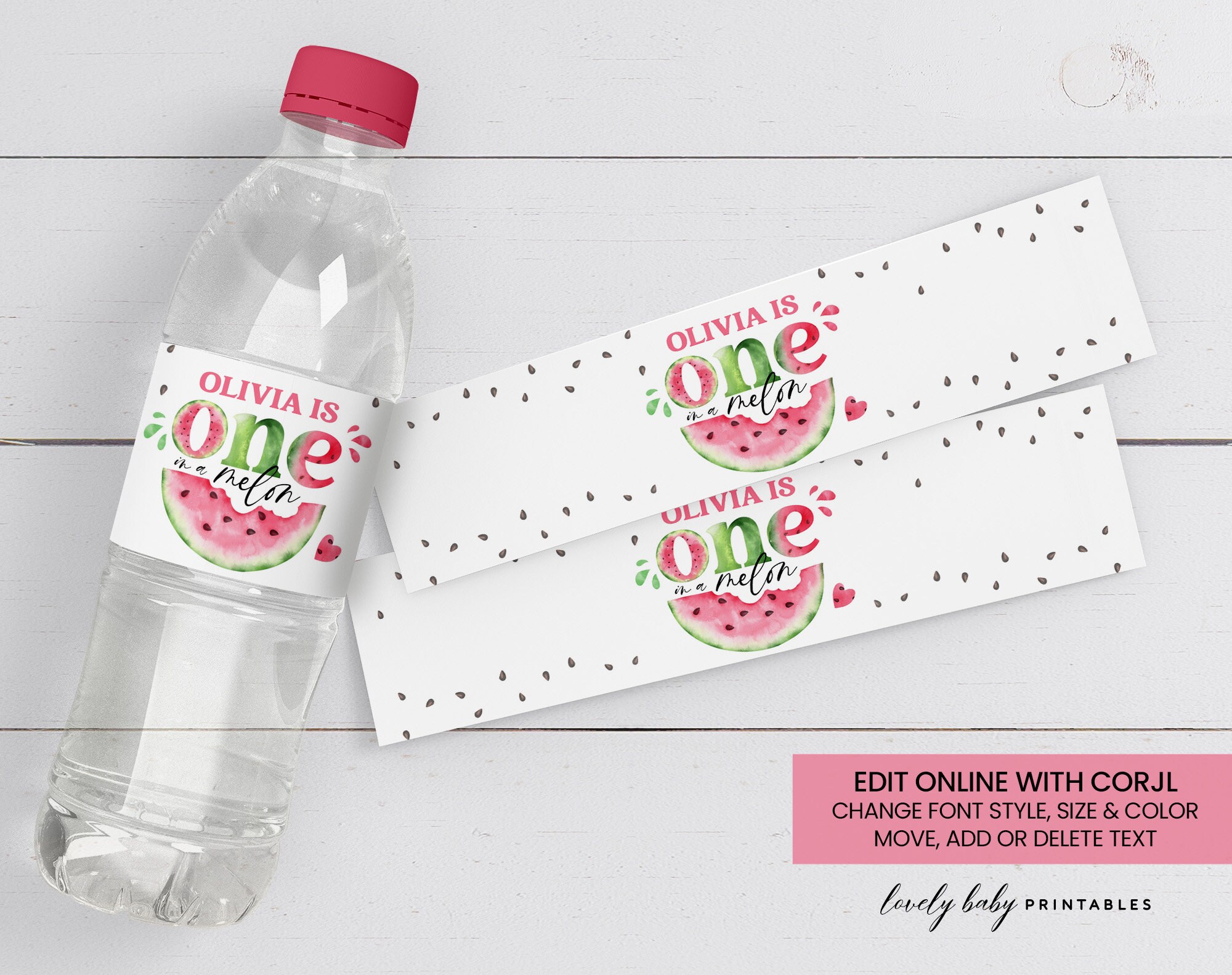 Editable Water Bottle Labels | Watermelon, ONE in A Melon, Summer ...