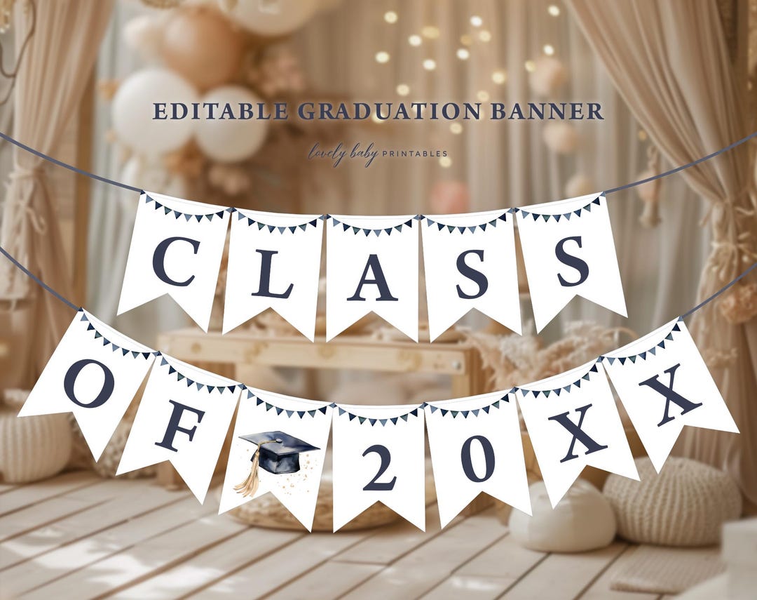 Graduation Party Banner, Class of 2025 | Cap & Tassel, Navy Blue ...