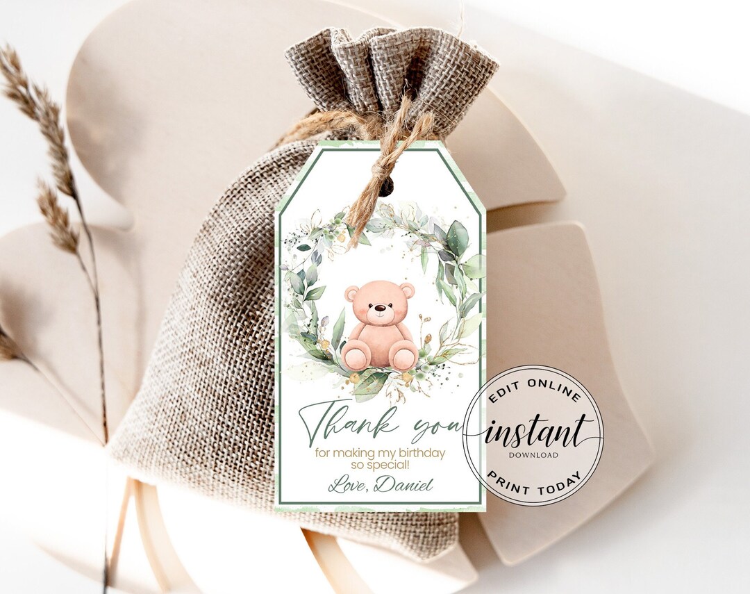 Editable Birthday Favors, Printable Favor Tags Teddy Bear, Greenery ...