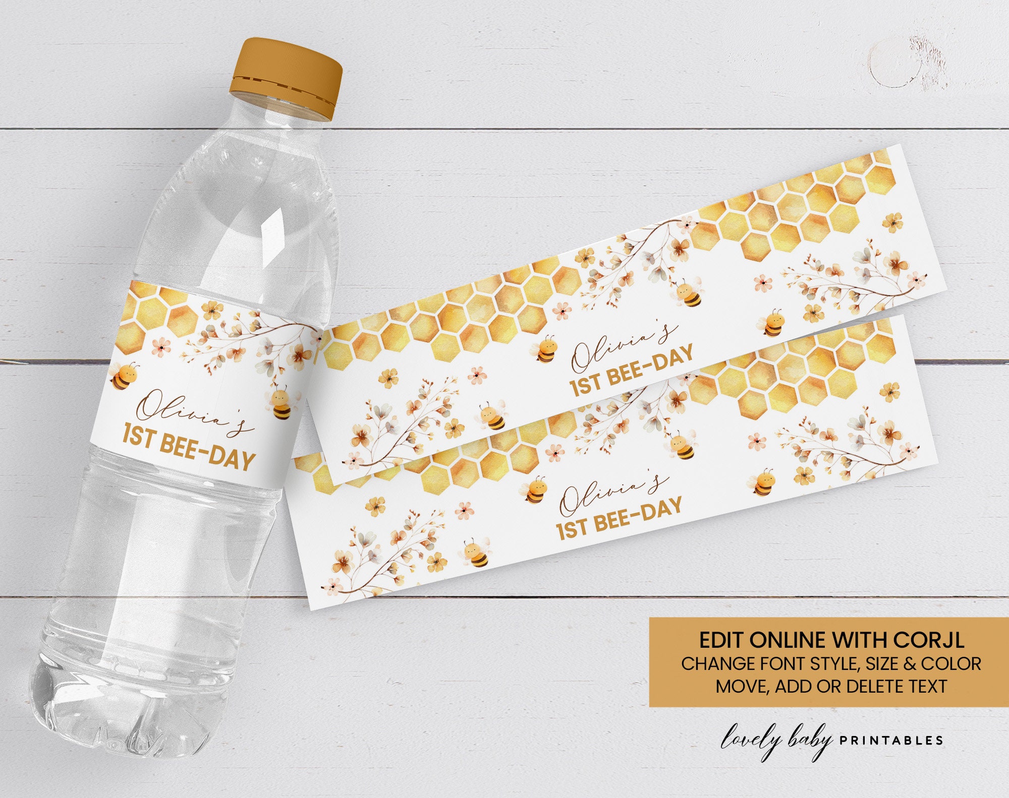Editable Water Bottle Labels | Honey Bee, First Bee-day, Our Little ...