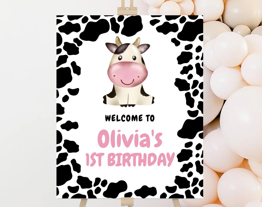 Birthday Welcome Sign, Poster | Holy Cow I'm ONE, Cow Print | Printable ...