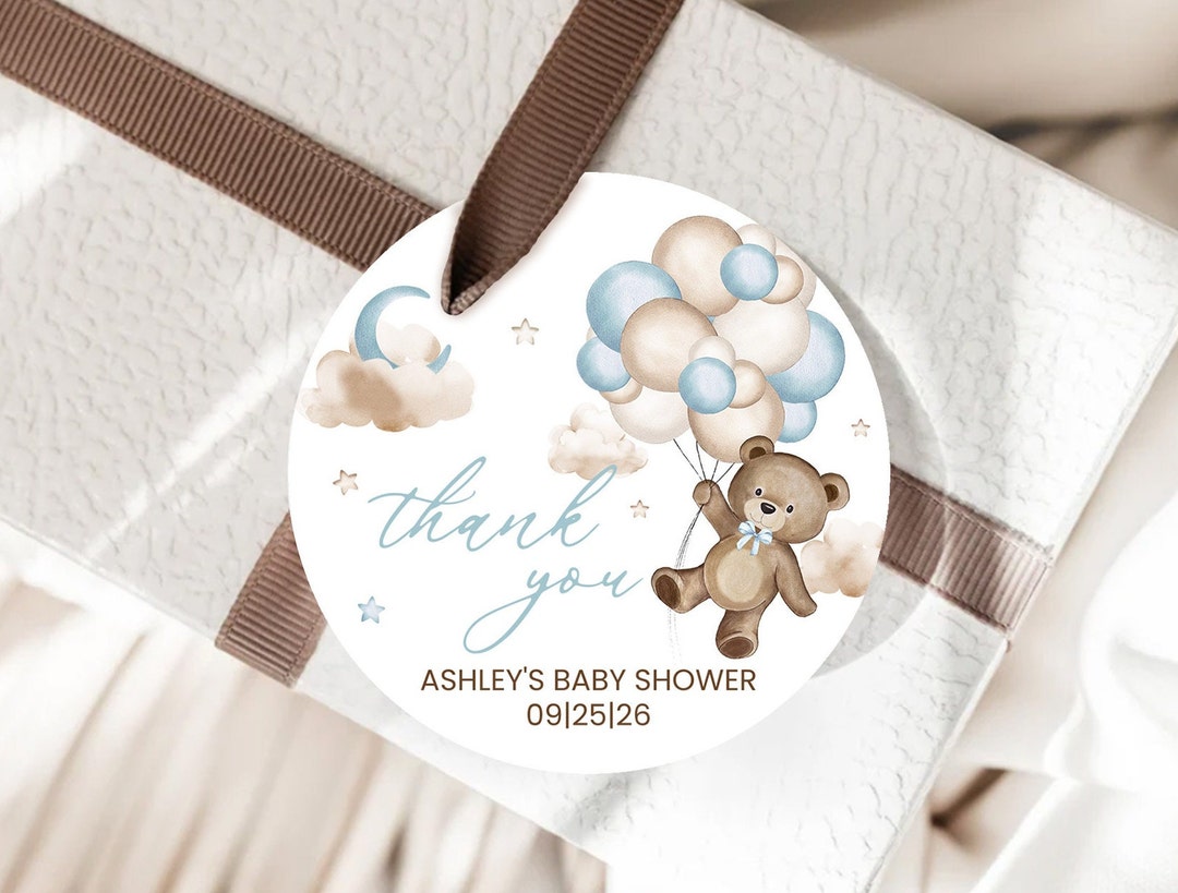 Baby Shower Favor Tags, Round Gift Tags, Stickers | Teddy Bear Balloon ...