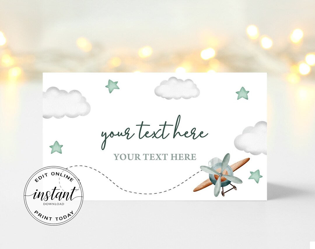 Tarjetas de primer cumpleaños de avión, tarjetas de nombre editables, tarjetas de tienda de ...